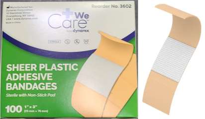 Dynarex Sheer Plastic Strips Adhesive Bandages 1-inx3-in -100 3602